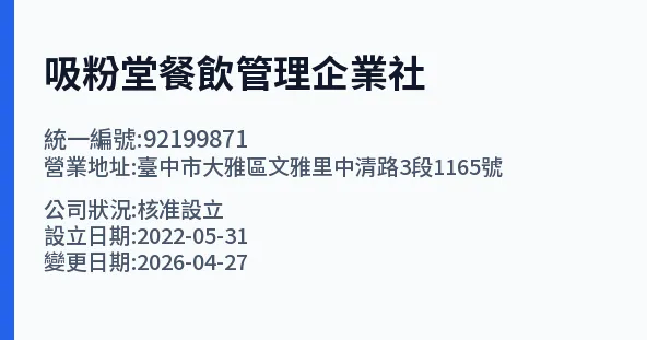 吸粉堂餐飲管理企業社的照片-統編 92199871(臺中市) 公司登記資料與營業項目詳細圖表
