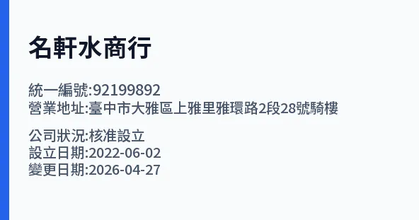 名軒水商行的照片-統編 92199892(臺中市) 公司登記資料與營業項目詳細圖表