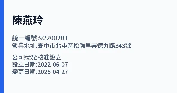 陳燕玲的照片-統編 92200201(臺中市) 公司登記資料與營業項目詳細圖表