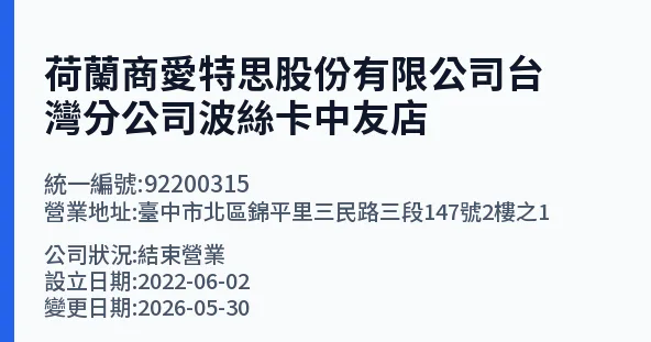 荷蘭商愛特思股份有限公司台灣分公司波絲卡中友店的照片-統編 92200315(臺中市) 公司登記資料與營業項目詳細圖表