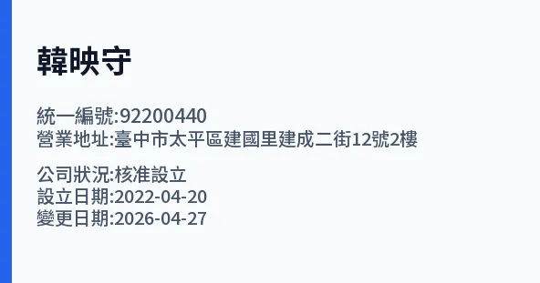 韓映守的照片-統編 92200440(臺中市) 公司登記資料與營業項目詳細圖表