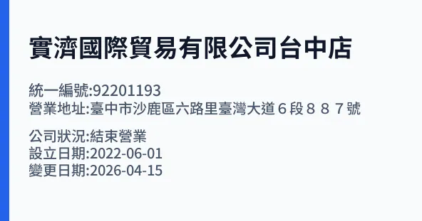 實濟國際貿易有限公司台中店的照片-統編 92201193(臺中市) 公司登記資料與營業項目詳細圖表