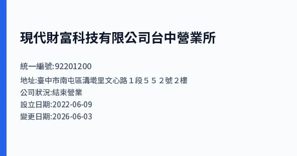 現代財富科技有限公司台中營業所的照片-統編 92201200(臺中市) 公司登記資料與營業項目詳細圖表