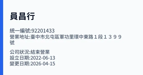 員昌行的照片-統編 92201433(臺中市) 公司登記資料與營業項目詳細圖表