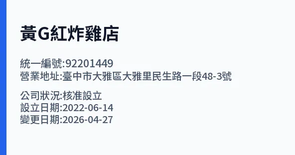黃G紅炸雞店的照片-統編 92201449(臺中市) 公司登記資料與營業項目詳細圖表