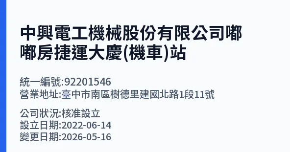 中興電工機械股份有限公司嘟嘟房捷運大慶(機車)站的照片-統編 92201546(臺中市) 公司登記資料與營業項目詳細圖表