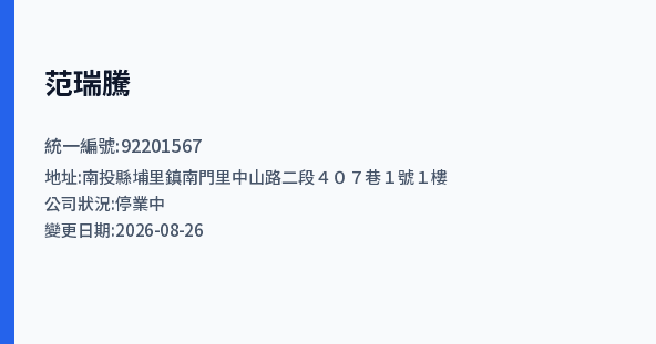 范瑞騰的照片-統編 92201567(南投縣) 公司登記資料與營業項目詳細圖表