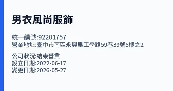 男衣風尚服飾的照片-統編 92201757(臺中市) 公司登記資料與營業項目詳細圖表