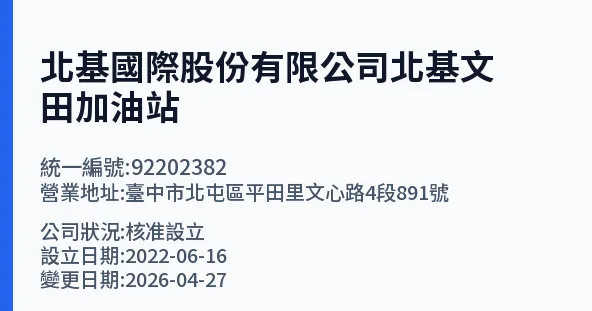北基國際股份有限公司北基文田加油站的照片-統編 92202382(臺中市) 公司登記資料與營業項目詳細圖表
