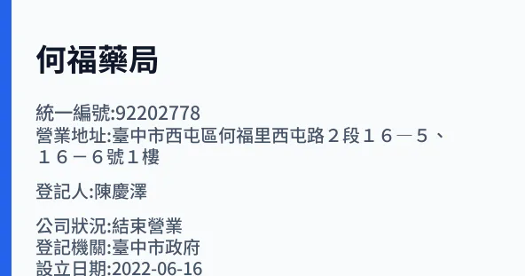 何福藥局的照片-統編 92202778(臺中市) 公司登記資料與營業項目詳細圖表