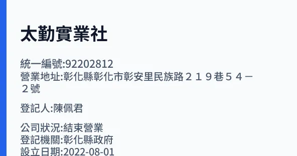 太勤實業社的照片-統編 92202812(彰化縣) 公司登記資料與營業項目詳細圖表