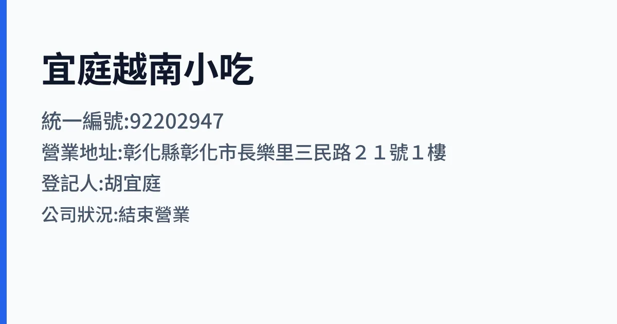 宜庭越南小吃 - 統編 92202947(彰化縣) 公司登記資料與營業項目詳細圖表