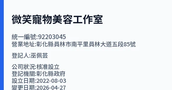 微笑寵物美容工作室的照片-統編 92203045(彰化縣) 公司登記資料與營業項目詳細圖表