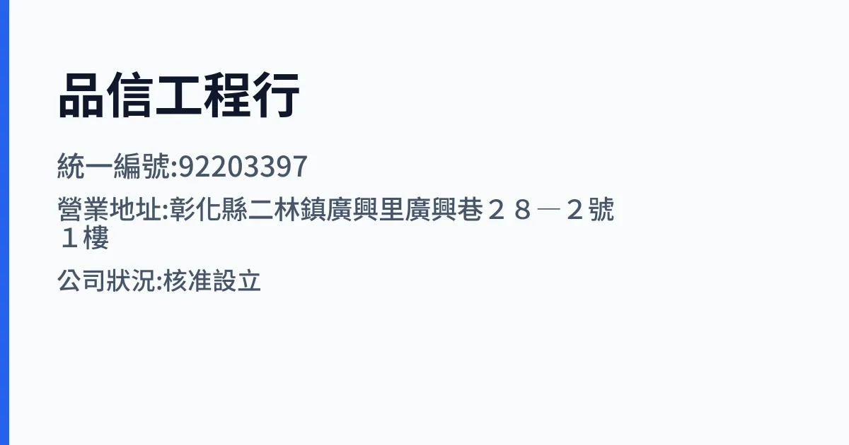 品信工程行 - 統編 92203397(彰化縣) 公司登記資料與營業項目詳細圖表