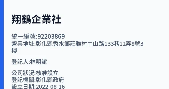 翔鶴企業社的照片-統編 92203869(彰化縣) 公司登記資料與營業項目詳細圖表