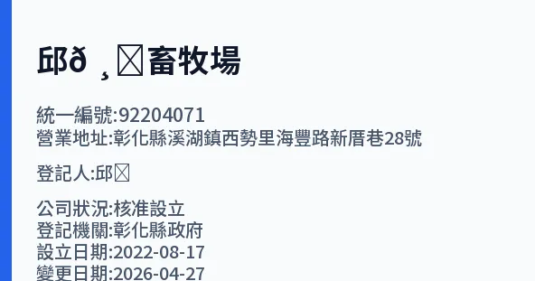 邱𠸄畜牧場的照片-統編 92204071(彰化縣) 公司登記資料與營業項目詳細圖表