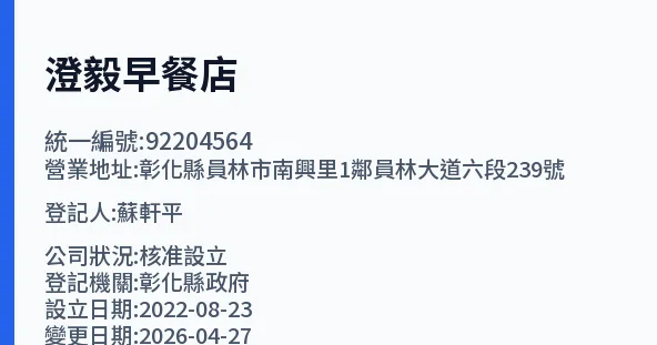 澄毅早餐店的照片-統編 92204564(彰化縣) 公司登記資料與營業項目詳細圖表