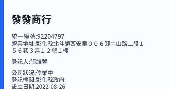發發商行的照片-統編 92204797(彰化縣) 公司登記資料與營業項目詳細圖表