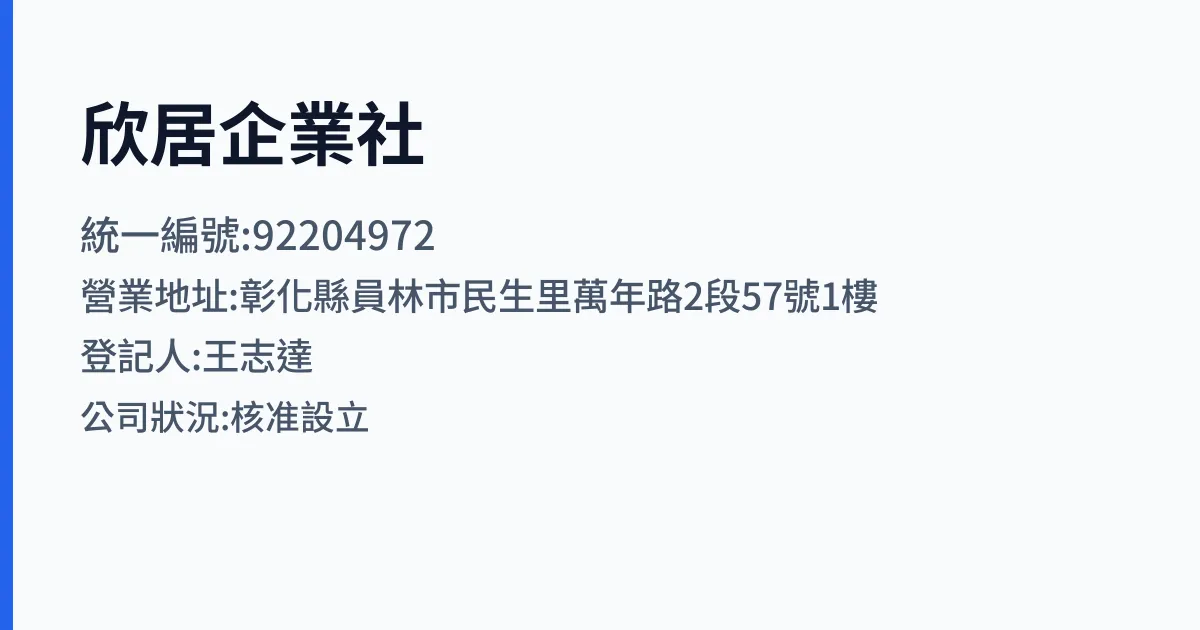 欣居企業社 - 統編 92204972(彰化縣) 公司登記資料與營業項目詳細圖表