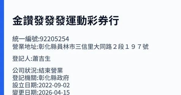 金讚發發發運動彩券行的照片-統編 92205254(彰化縣) 公司登記資料與營業項目詳細圖表