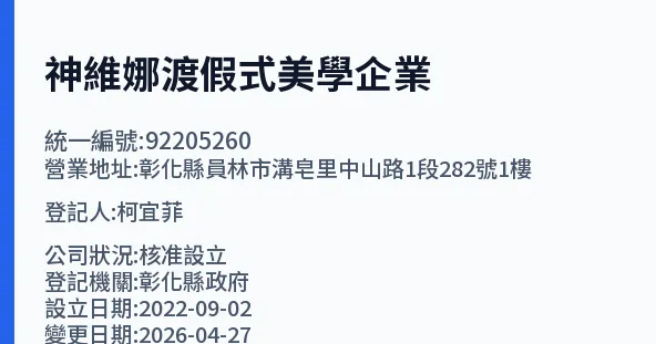 神維娜渡假式美學企業的照片-統編 92205260(彰化縣) 公司登記資料與營業項目詳細圖表
