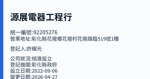 源展電器工程行的照片-統編 92205276(彰化縣) 公司登記資料與營業項目詳細圖表