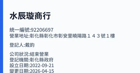 水辰璇商行的照片-統編 92206697(彰化縣) 公司登記資料與營業項目詳細圖表