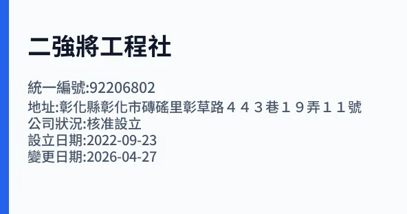 二強將工程社的照片-統編 92206802(彰化縣) 公司登記資料與營業項目詳細圖表