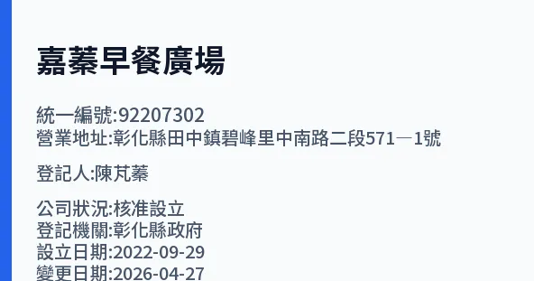 嘉蓁早餐廣場的照片-統編 92207302(彰化縣) 公司登記資料與營業項目詳細圖表