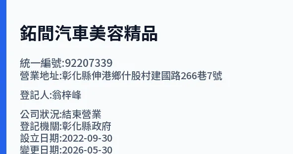 鉐間汽車美容精品的照片-統編 92207339(彰化縣) 公司登記資料與營業項目詳細圖表