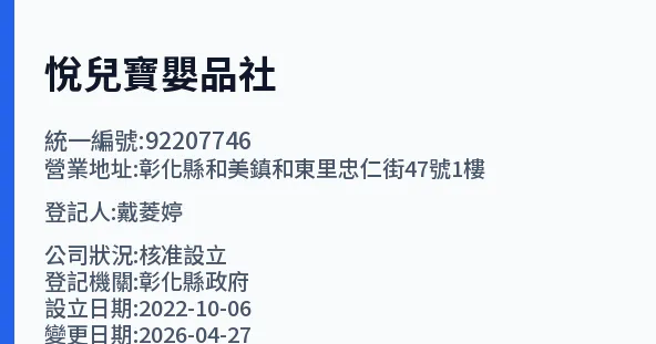悅兒寶嬰品社的照片-統編 92207746(彰化縣) 公司登記資料與營業項目詳細圖表