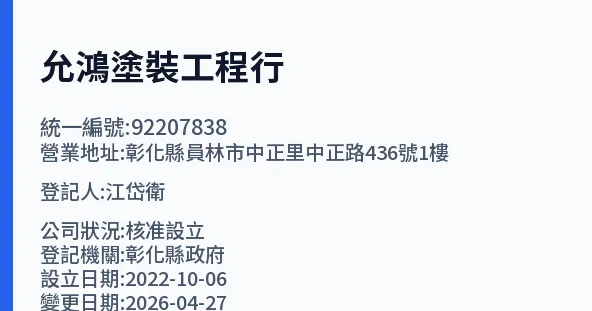 允鴻塗裝工程行的照片-統編 92207838(彰化縣) 公司登記資料與營業項目詳細圖表
