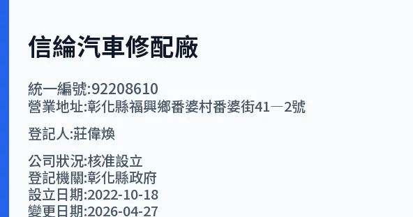 信綸汽車修配廠的照片-統編 92208610(彰化縣) 公司登記資料與營業項目詳細圖表