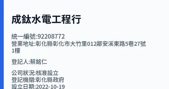 成鈦水電工程行的照片-統編 92208772(彰化縣) 公司登記資料與營業項目詳細圖表