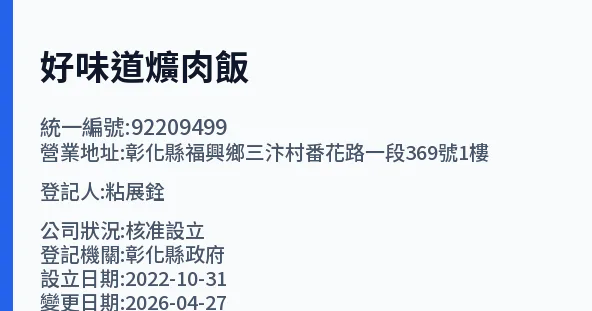 好味道爌肉飯的照片-統編 92209499(彰化縣) 公司登記資料與營業項目詳細圖表