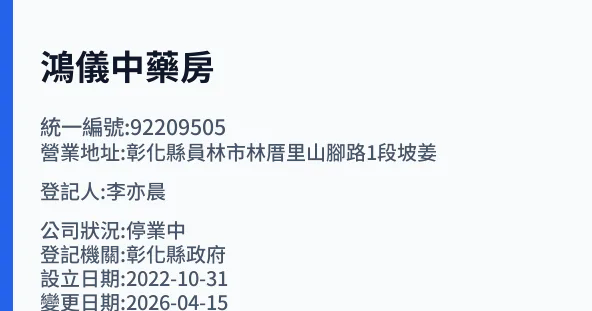鴻儀中藥房的照片-統編 92209505(彰化縣) 公司登記資料與營業項目詳細圖表