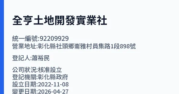 全亨土地開發實業社的照片-統編 92209929(彰化縣) 公司登記資料與營業項目詳細圖表