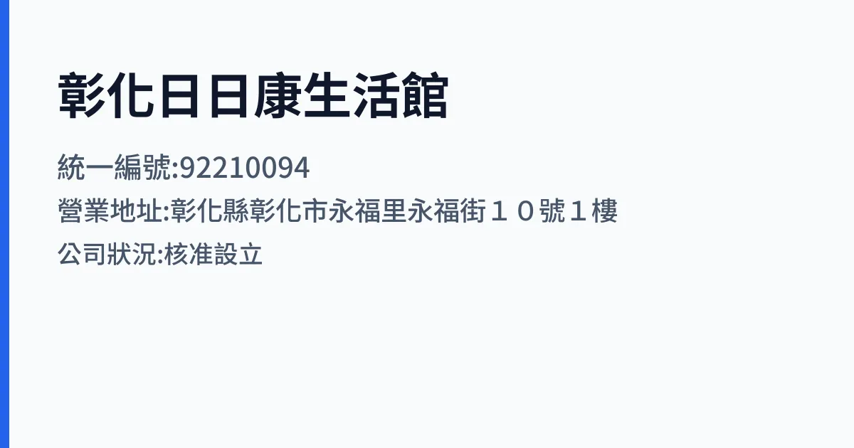彰化日日康生活館 - 統編 92210094(彰化縣) 公司登記資料與營業項目詳細圖表