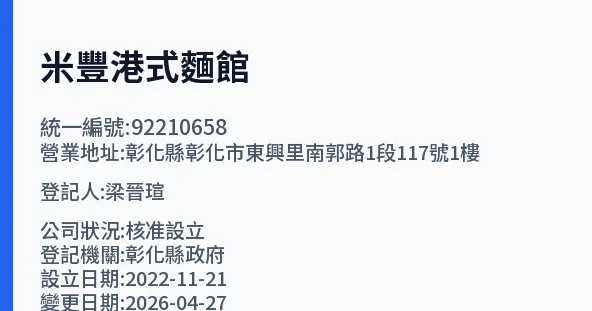米豐港式麵館的照片-統編 92210658(彰化縣) 公司登記資料與營業項目詳細圖表