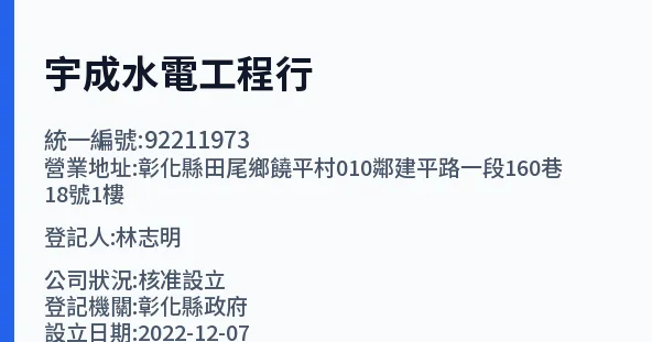宇成水電工程行的照片-統編 92211973(彰化縣) 公司登記資料與營業項目詳細圖表