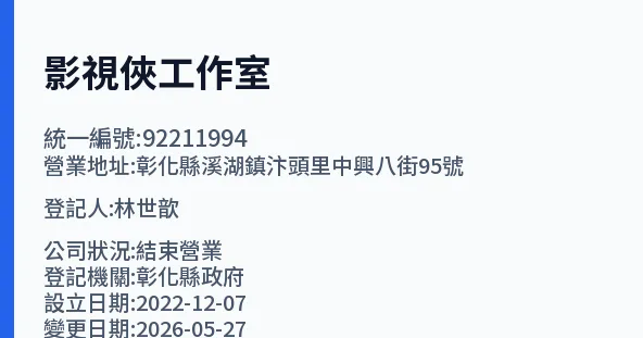影視俠工作室的照片-統編 92211994(彰化縣) 公司登記資料與營業項目詳細圖表