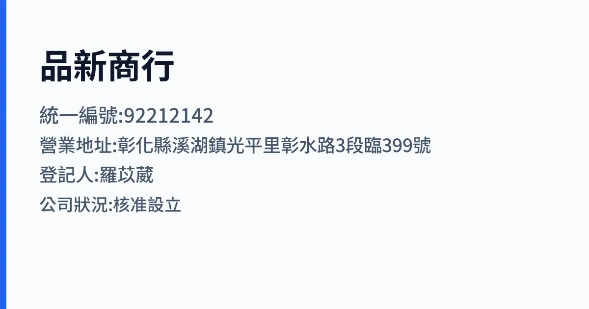 品新商行 - 統編 92212142(彰化縣) 公司登記資料與營業項目詳細圖表