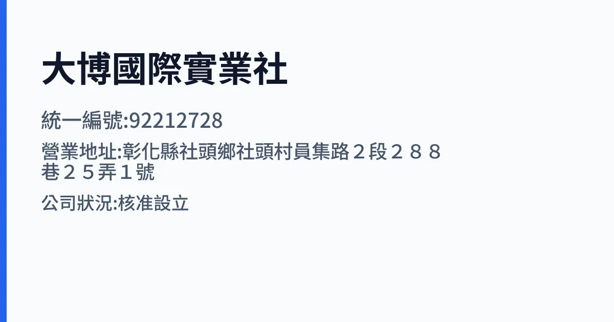 大博國際實業社 - 統編 92212728(彰化縣) 公司登記資料與營業項目詳細圖表