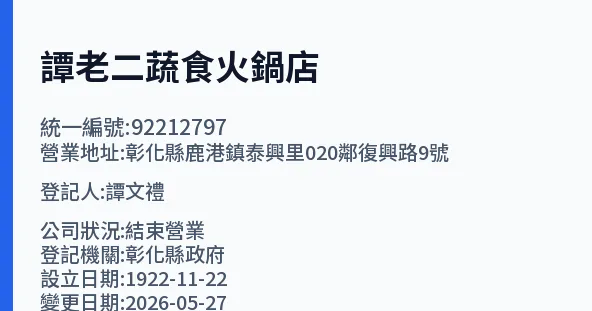 譚老二蔬食火鍋店的照片-統編 92212797(彰化縣) 公司登記資料與營業項目詳細圖表