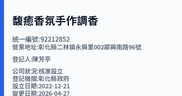 馥癒香氛手作調香的照片-統編 92212852(彰化縣) 公司登記資料與營業項目詳細圖表