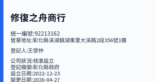 修復之舟商行的照片-統編 92213162(彰化縣) 公司登記資料與營業項目詳細圖表