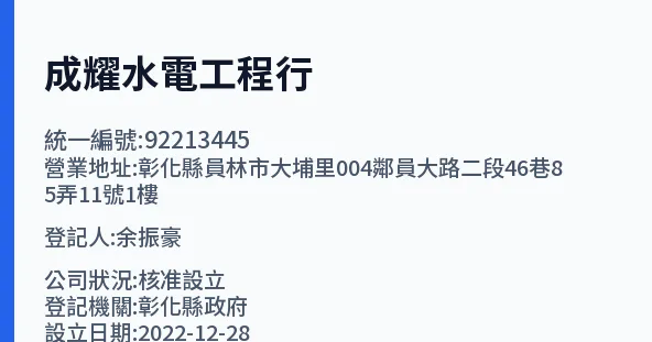 成耀水電工程行的照片-統編 92213445(彰化縣) 公司登記資料與營業項目詳細圖表