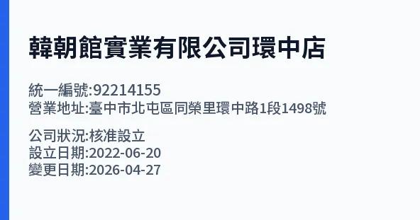 韓朝館實業有限公司環中店的照片-統編 92214155(臺中市) 公司登記資料與營業項目詳細圖表