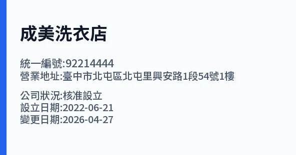 成美洗衣店的照片-統編 92214444(臺中市) 公司登記資料與營業項目詳細圖表