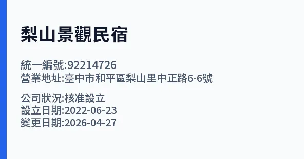 梨山景觀民宿的照片-統編 92214726(臺中市) 公司登記資料與營業項目詳細圖表